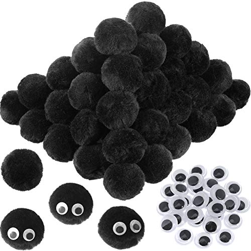 30 Pieces 2 Inch Acrylic Pom Poms Large Black Poms Snowman Costume Accessory with 100 Pieces Wiggle Googly Eyes for DIY Craft Christmas Halloween Party,