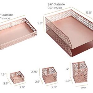 Blu Monaco Office Supplies Rose Gold Desk Accessories for Women-6 Piece Interlocking Stylish Desk Organizer Set- Pen Cup, 3 Accessory Trays, 2 Letter Trays-Rose Gold Paper Tray Holder