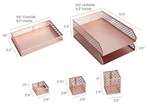 Blu Monaco Office Supplies Rose Gold Desk Accessories for Women-6 Piece Interlocking Stylish Desk Organizer Set- Pen Cup, 3 Accessory Trays, 2 Letter Trays-Rose Gold Paper Tray Holder