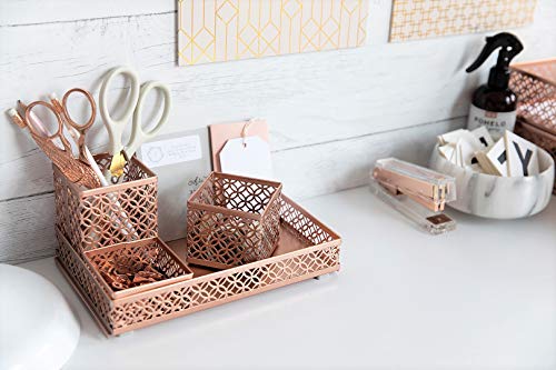 Blu Monaco Office Supplies Rose Gold Desk Accessories for Women-6 Piece Interlocking Stylish Desk Organizer Set- Pen Cup, 3 Accessory Trays, 2 Letter Trays-Rose Gold Paper Tray Holder