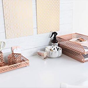 Blu Monaco Office Supplies Rose Gold Desk Accessories for Women-6 Piece Interlocking Stylish Desk Organizer Set- Pen Cup, 3 Accessory Trays, 2 Letter Trays-Rose Gold Paper Tray Holder