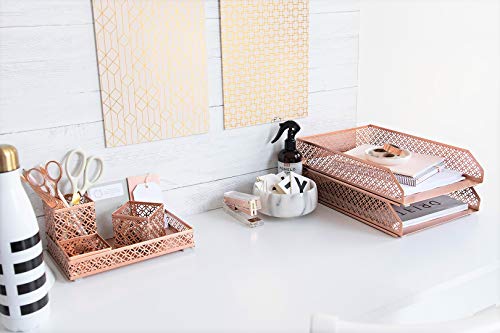 Blu Monaco Office Supplies Rose Gold Desk Accessories for Women-6 Piece Interlocking Stylish Desk Organizer Set- Pen Cup, 3 Accessory Trays, 2 Letter Trays-Rose Gold Paper Tray Holder