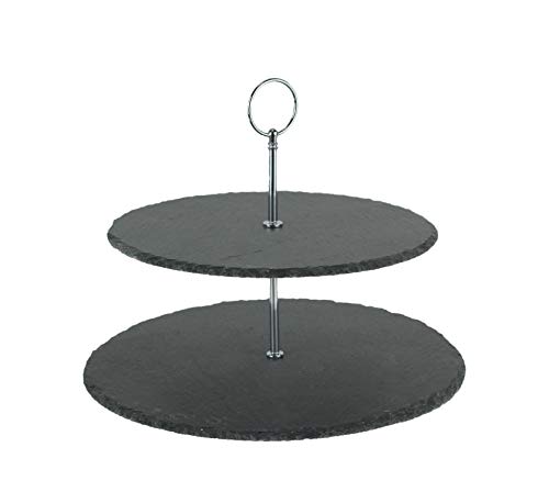 Two-Tier Round Slate Stone and Chromed Metal Country Farmhouse Serving Tray Kitchen Décor 11.75 Inch Diameter