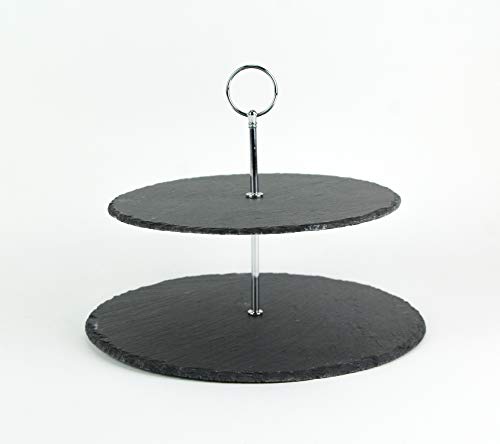 Two-Tier Round Slate Stone and Chromed Metal Country Farmhouse Serving Tray Kitchen Décor 11.75 Inch Diameter