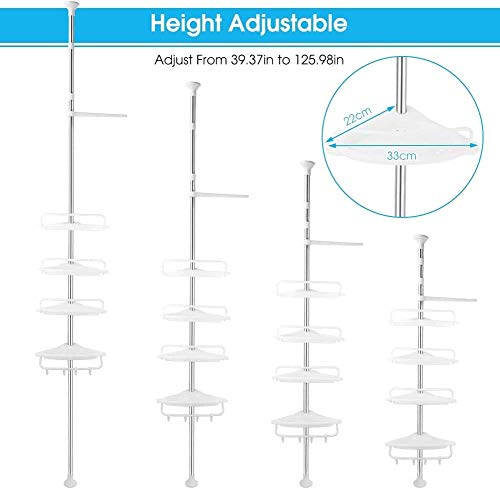 Bathroom Shower Storage Constant Tension Pole Shower Caddy Tension Pole Storage Shelves, Stainless Steel Rod, Adjustable Bathroom Shower Caddy for Shampoo Soap Tower, White