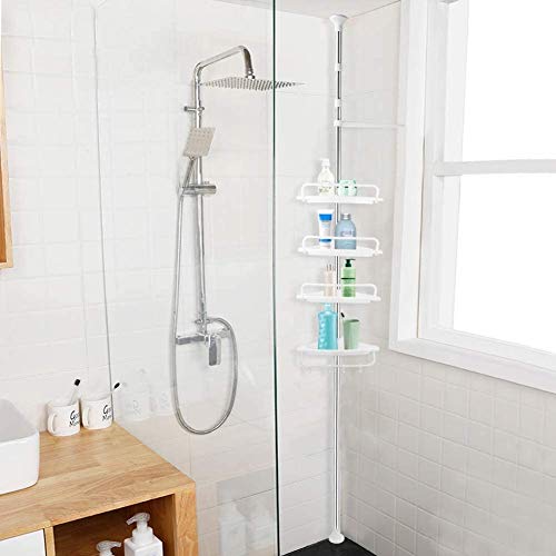 Bathroom Shower Storage Constant Tension Pole Shower Caddy Tension Pole Storage Shelves, Stainless Steel Rod, Adjustable Bathroom Shower Caddy for Shampoo Soap Tower, White