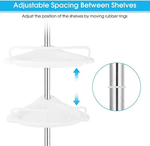 Bathroom Shower Storage Constant Tension Pole Shower Caddy Tension Pole Storage Shelves, Stainless Steel Rod, Adjustable Bathroom Shower Caddy for Shampoo Soap Tower, White