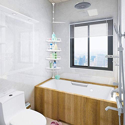 Bathroom Shower Storage Constant Tension Pole Shower Caddy Tension Pole Storage Shelves, Stainless Steel Rod, Adjustable Bathroom Shower Caddy for Shampoo Soap Tower, White