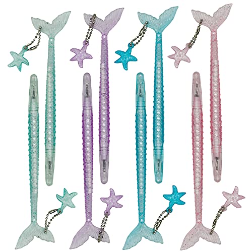 Maydahui 12PCS Cute Mermaid Shape Rollerball Pen Fish Pens Creative Crystal Flash Powder Starfish Pendant Signature Pen Black Gel Ink Design for Girls Women Student Valentine's Day