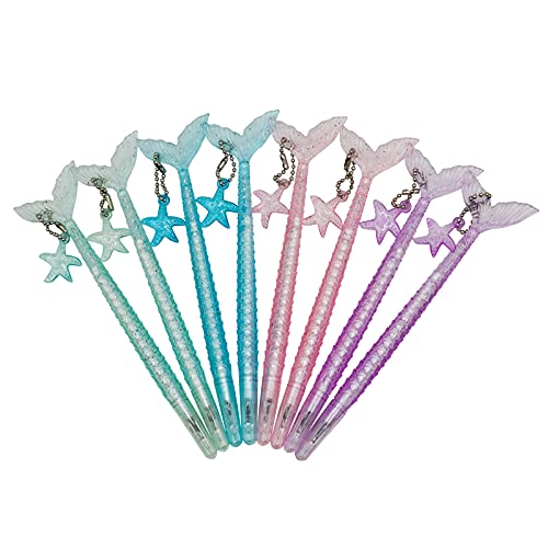 Maydahui 12PCS Cute Mermaid Shape Rollerball Pen Fish Pens Creative Crystal Flash Powder Starfish Pendant Signature Pen Black Gel Ink Design for Girls Women Student Valentine's Day