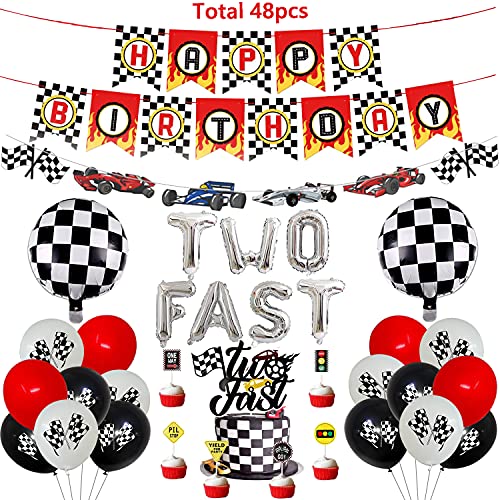 Racing Car Two Fast Birthday Decorations for Kids Boys Racing Theme 2nd Party Supplies With Banner, Cake Toppers and Checkered Balloons for Let's go Racing