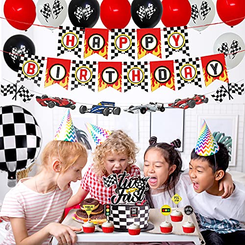 Racing Car Two Fast Birthday Decorations for Kids Boys Racing Theme 2nd Party Supplies With Banner, Cake Toppers and Checkered Balloons for Let's go Racing