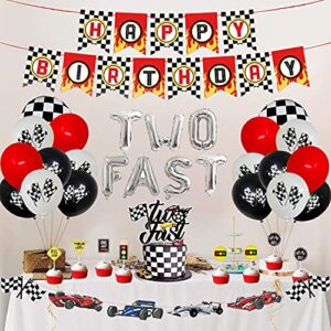 Racing Car Two Fast Birthday Decorations for Kids Boys Racing Theme 2nd Party Supplies With Banner, Cake Toppers and Checkered Balloons for Let's go Racing