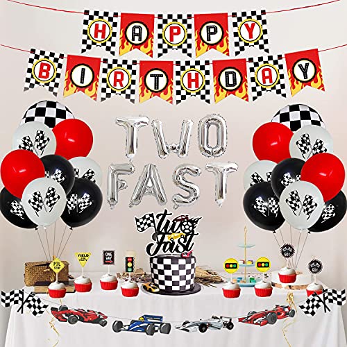 Racing Car Two Fast Birthday Decorations for Kids Boys Racing Theme 2nd Party Supplies With Banner, Cake Toppers and Checkered Balloons for Let's go Racing