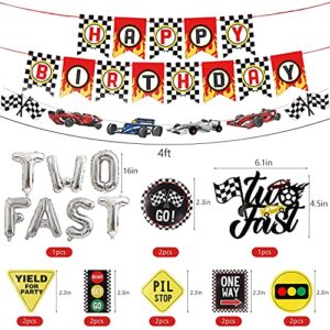 Racing Car Two Fast Birthday Decorations for Kids Boys Racing Theme 2nd Party Supplies With Banner, Cake Toppers and Checkered Balloons for Let's go Racing