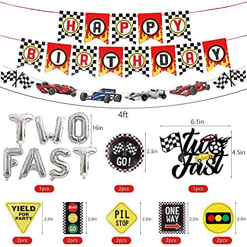 Racing Car Two Fast Birthday Decorations for Kids Boys Racing Theme 2nd Party Supplies With Banner, Cake Toppers and Checkered Balloons for Let's go Racing