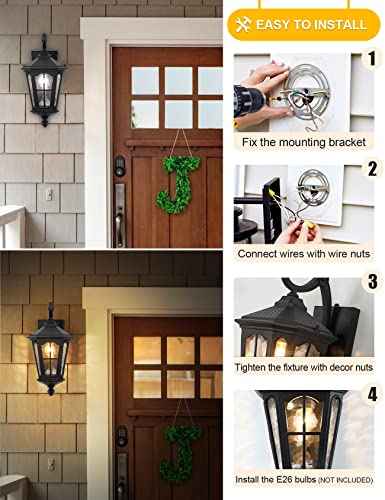 GYDZ Outdoor Wall Mount Light Fixture, Dusk to Dawn Outdoor Porch Light, Exterior Light Fixture Wall Mount, Anti-Rust Waterproof Matte Black Wall Light with Water Ripple Glass for Doorway,15'75''H