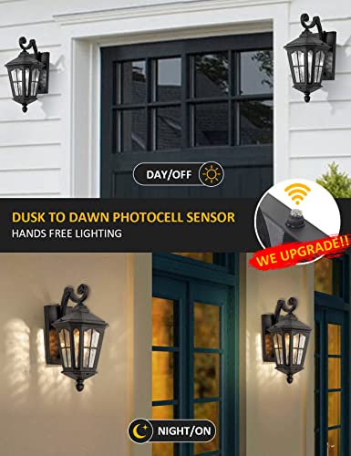 GYDZ Outdoor Wall Mount Light Fixture, Dusk to Dawn Outdoor Porch Light, Exterior Light Fixture Wall Mount, Anti-Rust Waterproof Matte Black Wall Light with Water Ripple Glass for Doorway,15'75''H