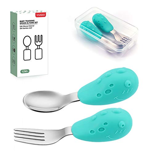 YIVEKO Baby Fork and Spoon Set with Carry Case Baby Training Utensils Self Feeding Toddler Silverware Silicone and Stainless Steel Kids and Toddler Utensil Set-Dinosaur