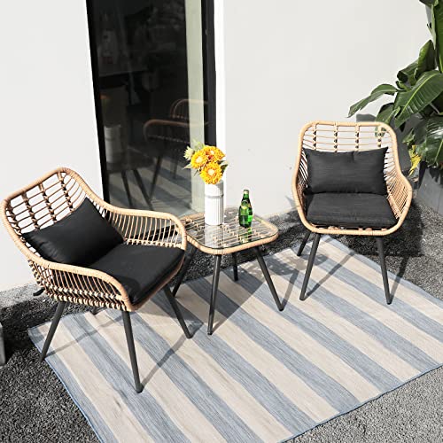 JOIVI 3-Piece Patio Set, Outdoor Wicker Conversation Bistro Sets for Porch, Backyard with Square Glass Top Coffee Table, Cushions and Lumbar Pillows