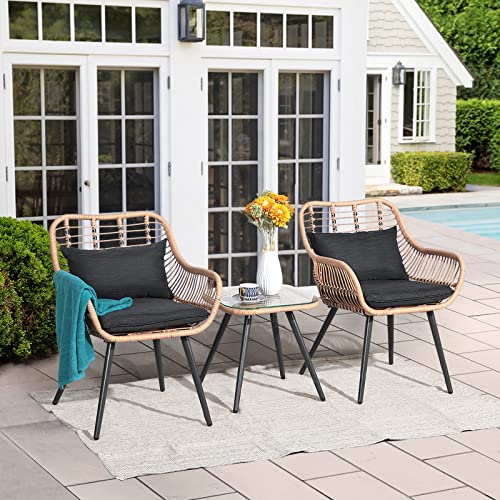 JOIVI 3-Piece Patio Set, Outdoor Wicker Conversation Bistro Sets for Porch, Backyard with Square Glass Top Coffee Table, Cushions and Lumbar Pillows