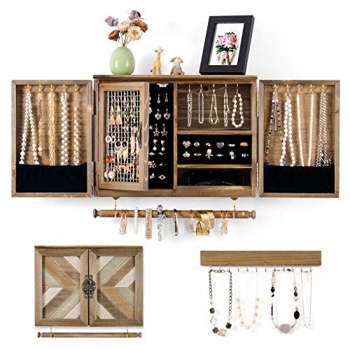 Sunix Wooden Jewelry Organizer Wall Mounted Rustic Jewelry Holder with Wooden Barn Door for Necklaces Earrings Bracelets Ring, and Removable Bracelet Rod with Hooks Organizer for Hanging Jewelry