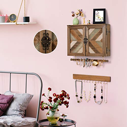 Sunix Wooden Jewelry Organizer Wall Mounted Rustic Jewelry Holder with Wooden Barn Door for Necklaces Earrings Bracelets Ring, and Removable Bracelet Rod with Hooks Organizer for Hanging Jewelry