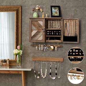 Sunix Wooden Jewelry Organizer Wall Mounted Rustic Jewelry Holder with Wooden Barn Door for Necklaces Earrings Bracelets Ring, and Removable Bracelet Rod with Hooks Organizer for Hanging Jewelry