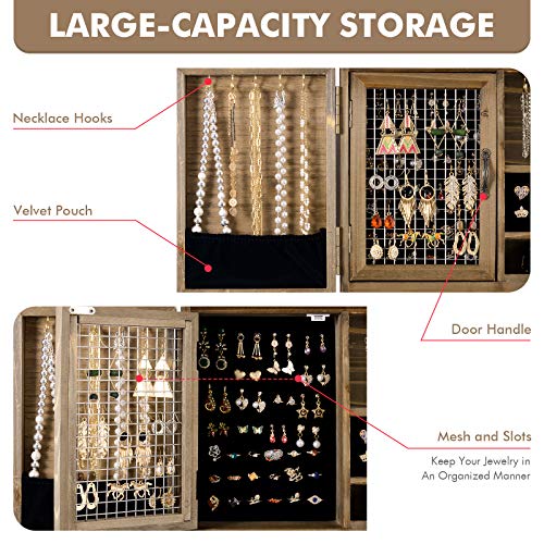 Sunix Wooden Jewelry Organizer Wall Mounted Rustic Jewelry Holder with Wooden Barn Door for Necklaces Earrings Bracelets Ring, and Removable Bracelet Rod with Hooks Organizer for Hanging Jewelry