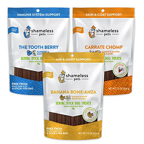 SHAMELESS PETS Dog Dental Treats - Dental Sticks for Dogs, Made with Upcycled Ingredients & Zero Artificial Flavors, Dental Chews for Clean Teeth & Fresh Breath - Variety Pack, Pack of 3