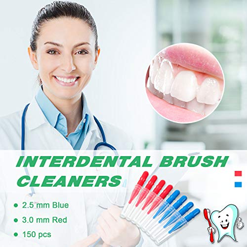 150 Pieces Interdental Brush Toothpick Tooth Flossing Head Oral Interdental Brush Flosser Toothpick Cleaners Tooth Cleaning Tool (Red, Blue,0.1 Inch, 0.12 Inch)