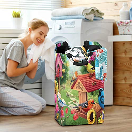 Kaariok Spring Birds Sunflower Animal Floral Laundry Hamper with Handles Waterproof Collapsible Storage Basket Large Dirty Clothes Bin for Laundry Room, 22.7 Inches