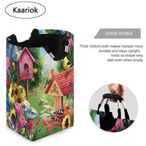 Kaariok Spring Birds Sunflower Animal Floral Laundry Hamper with Handles Waterproof Collapsible Storage Basket Large Dirty Clothes Bin for Laundry Room, 22.7 Inches