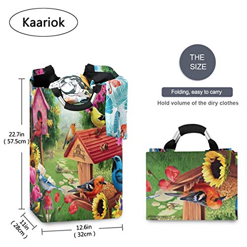 Kaariok Spring Birds Sunflower Animal Floral Laundry Hamper with Handles Waterproof Collapsible Storage Basket Large Dirty Clothes Bin for Laundry Room, 22.7 Inches