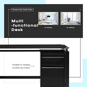 Greenvelly Black L Shaped Office Computer Desk with Storage Drawers, 56” Metal Black Home Desk with Tempered Glass Top, Modern Study Writing Table for Workstation (Metal Steel Frame)