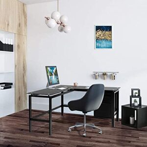 Greenvelly Black L Shaped Office Computer Desk with Storage Drawers, 56” Metal Black Home Desk with Tempered Glass Top, Modern Study Writing Table for Workstation (Metal Steel Frame)