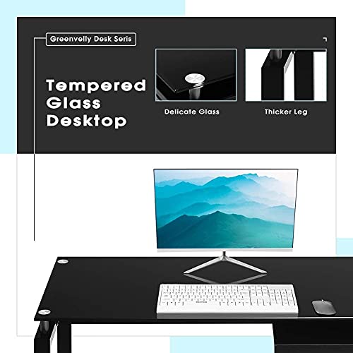 Greenvelly Black L Shaped Office Computer Desk with Storage Drawers, 56” Metal Black Home Desk with Tempered Glass Top, Modern Study Writing Table for Workstation (Metal Steel Frame)