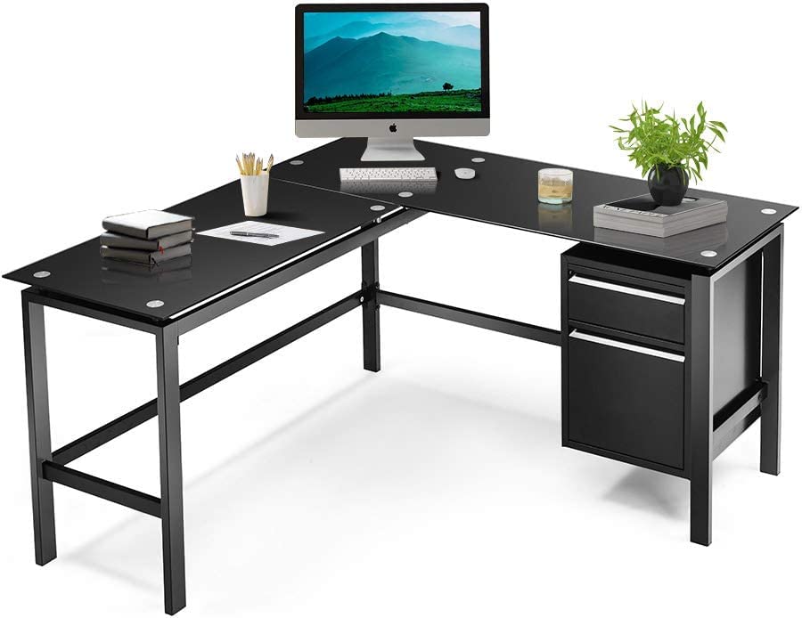 Greenvelly Black L Shaped Office Computer Desk with Storage Drawers, 56” Metal Black Home Desk with Tempered Glass Top, Modern Study Writing Table for Workstation (Metal Steel Frame)