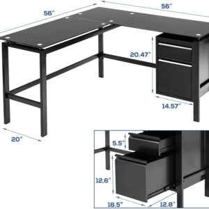 Greenvelly Black L Shaped Office Computer Desk with Storage Drawers, 56” Metal Black Home Desk with Tempered Glass Top, Modern Study Writing Table for Workstation (Metal Steel Frame)