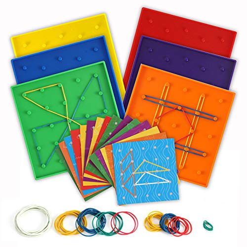 Double-Sided Geoboard - Mathematical Manipulative Material Geo Board, Graphical Educational Toy for Geometry and Creativity- 5 x 5 Grid/12 Pin Circular Array, 15 Cards with 30 Design, and Rubber Bands