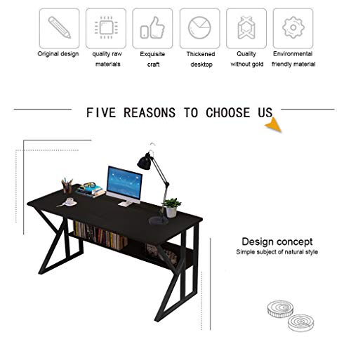 fgewrg US Stock - 47.2 inch Computer Desk with Storage Shelf Bookshelf, Home Office Writing Desktop Desk Modern K-Shaped Metal Legs PC Laptop Table (Black)