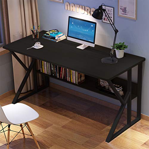 fgewrg US Stock - 47.2 inch Computer Desk with Storage Shelf Bookshelf, Home Office Writing Desktop Desk Modern K-Shaped Metal Legs PC Laptop Table (Black)