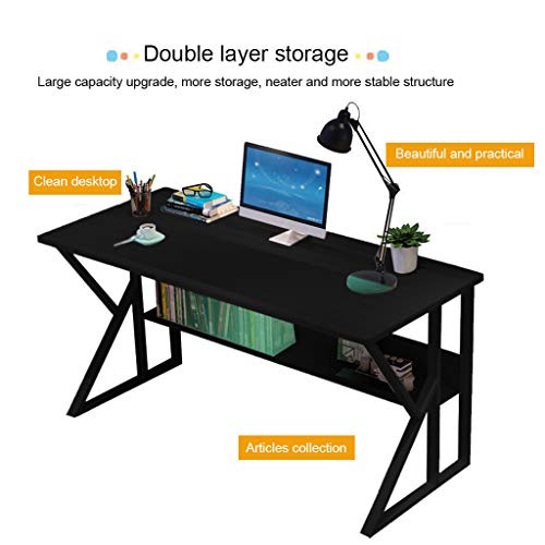 fgewrg US Stock - 47.2 inch Computer Desk with Storage Shelf Bookshelf, Home Office Writing Desktop Desk Modern K-Shaped Metal Legs PC Laptop Table (Black)