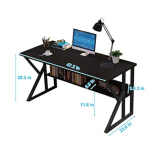 fgewrg US Stock - 47.2 inch Computer Desk with Storage Shelf Bookshelf, Home Office Writing Desktop Desk Modern K-Shaped Metal Legs PC Laptop Table (Black)