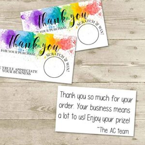 Rainbow Watercolor Themed Scratch & Win Customer Appreciation Package Inserts for Small Businesses, 20 2" X 3.5” Single Sided Insert Cards with Scratch Off Stickers included by AmandaCreation