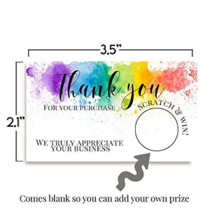 Rainbow Watercolor Themed Scratch & Win Customer Appreciation Package Inserts for Small Businesses, 20 2" X 3.5” Single Sided Insert Cards with Scratch Off Stickers included by AmandaCreation