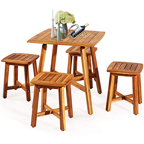 Tangkula 5 Piece Wood Patio Dining Set, Outdoor Dining Furniture w/Square Table & 4 Stools, Garden Conversation Dinging Set for Porch, Backyard, Balcony, Poolside, Reddish Brown