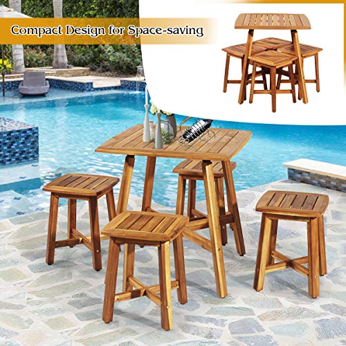 Tangkula 5 Piece Wood Patio Dining Set, Outdoor Dining Furniture w/Square Table & 4 Stools, Garden Conversation Dinging Set for Porch, Backyard, Balcony, Poolside, Reddish Brown