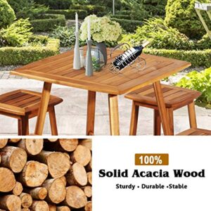 Tangkula 5 Piece Wood Patio Dining Set, Outdoor Dining Furniture w/Square Table & 4 Stools, Garden Conversation Dinging Set for Porch, Backyard, Balcony, Poolside, Reddish Brown