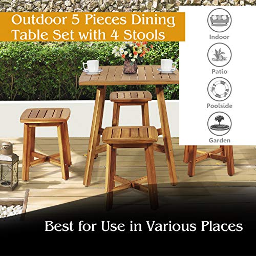 Tangkula 5 Piece Wood Patio Dining Set, Outdoor Dining Furniture w/Square Table & 4 Stools, Garden Conversation Dinging Set for Porch, Backyard, Balcony, Poolside, Reddish Brown